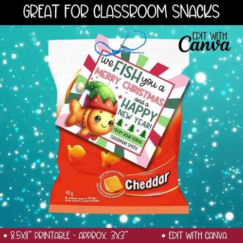 Holiday Goldfish Cracker Class Treat Gift Tags, Non Candy Party Favor ...