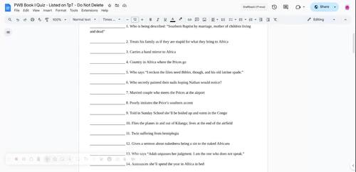 Poisonwood Bible Character Identification Quizzes for Entire Novel with ...