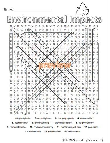 Environmental Impacts Vocabulary Wordsearch Puzzle | Early Finishers