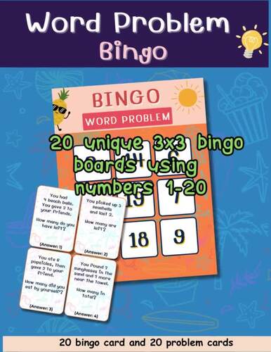 Summer Math Bingo | Word Problems 1–20 | Addition & Subtraction Game