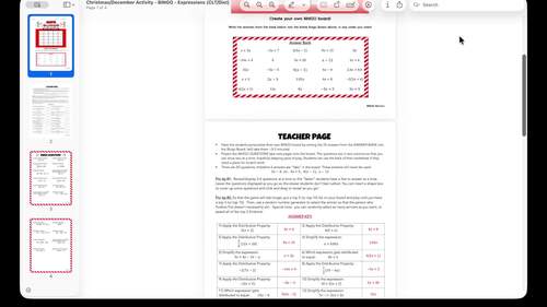 7th/8th Grade Math Christmas Activity Algebraic Expressions Review Game