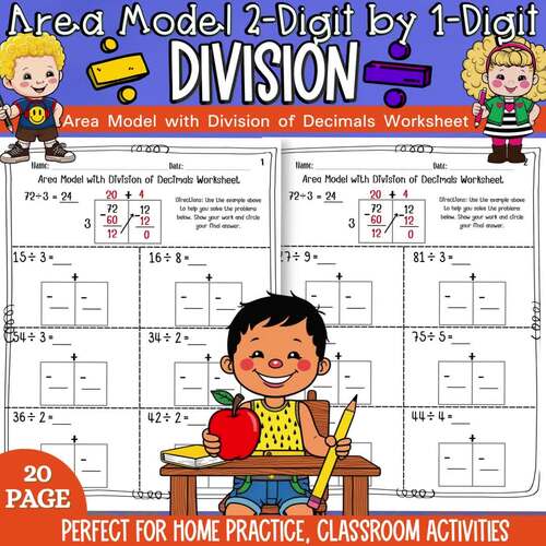 Division Area Model Worksheet for 2 Digit by 1 Digit Division Practice Math