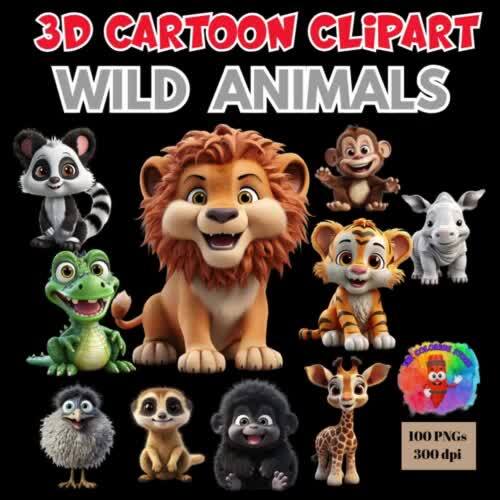 3d Cartoon WILD ANIMALS-PNG Clipart Digital Sticker Images for ...
