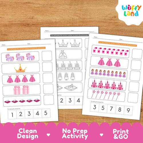 Princess Counting & Number Match 1-10 | Cut and Paste Math Worksheets