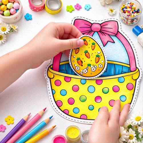 Easter Egg Basket Cut and Paste Crafts, Easter Day Coloring, Fine Motor ...