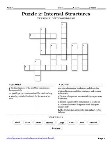 4th Grade Science: Plant & Animal Structures Crossword Puzzle With Word ...