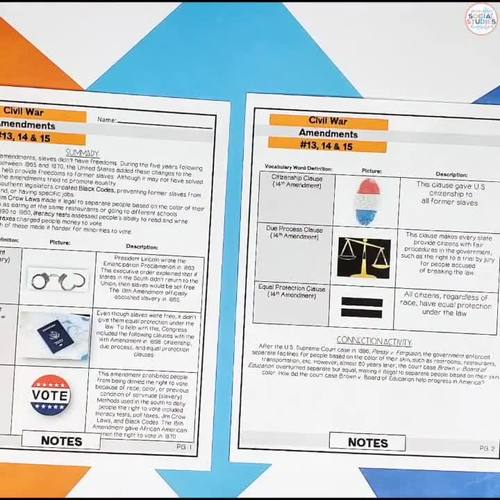 Civil War Amendments Reconstruction Differentiated Task Cards and Notes