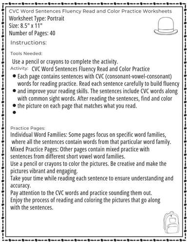 CVC Word Practice Worksheets | Sentences Fluency Read and Color by ...