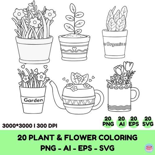 20 Plants and Flowers Outline Clipart for Worksheets, Coloring Pages ...