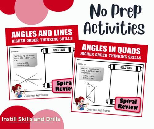 Missing Angles on Lines and 2D Shapes Spiral Review Task Cards BUNDLE