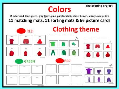 Colors matching mats, sorting mats & picture cards /clothing theme/life ...