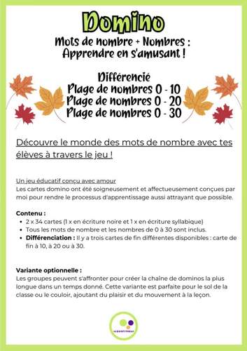 French: Numbers 0-30 Game | Autumn | Domino | automne Mots de nombre 0-30