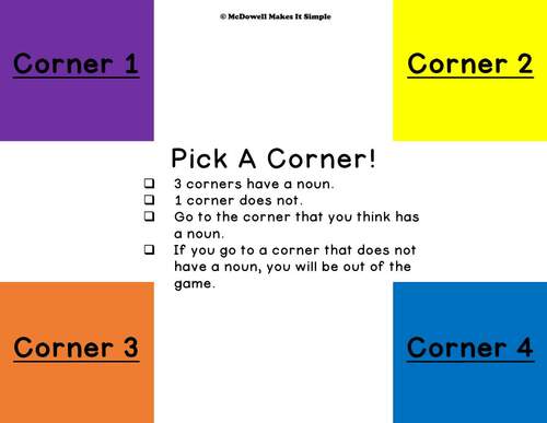 4 Corners - Nouns by McDowell Makes It Simple | TPT