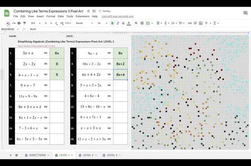 GOOGLE SHEETS Algebra 1 Digital Resource Pixel Art Math Combining Like ...