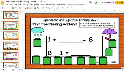 First Grade Find the Missing Addend Through 10 - Google Slides | TPT