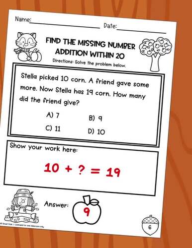 Fall Missing Number Addition Word Problems | Within 20 | No Prep Math ...