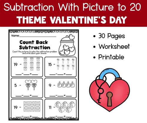 Valentine’s Day Subtraction With Picture to 20|Valentine Subtraction ...
