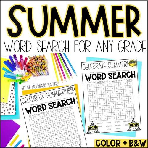 Summer Word Search and Summer Word Work Activity for 1st 2nd or 3rd Grade