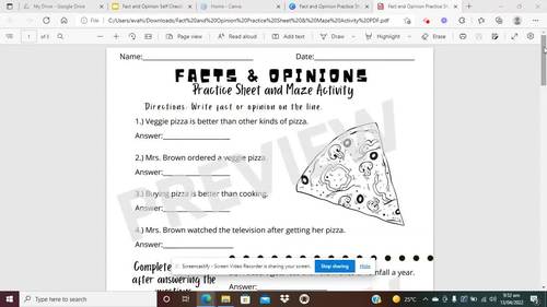 Fact and Opinion Practice Sheet and Maze (Reading Comprehension ...
