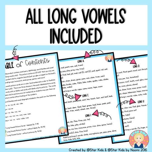 Long Vowels Picture Cards for Small Pocket Charts for Kindergarten and ...