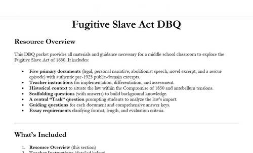 Middle School Fugitive Slave Act DBQ by PBL History & Civics | TPT