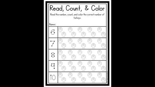 NO PREP Thanksgiving Math Count & Color Worksheets for Preschool ...