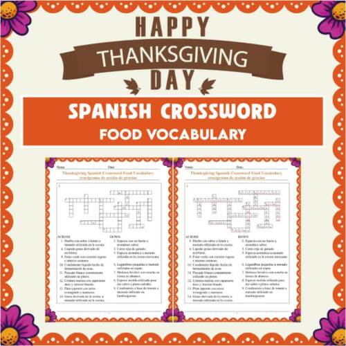 Spanish Thanksgiving Day Crossword Food Vocabulary crucigrama Acción de ...