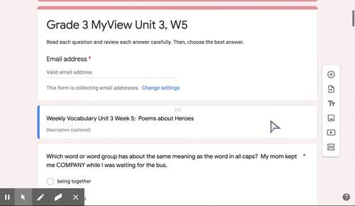Grade 3 myView Literacy, Unit 3 Week 5 Google Forms Assessment Practice