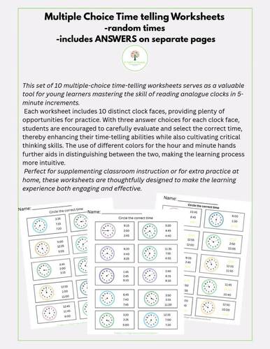 Time telling multiple choice worksheets with Answers(ABLLSR and AFLS ...