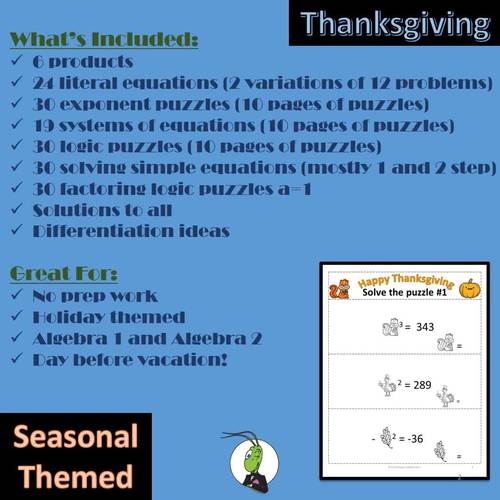 Thanksgiving Logic Puzzles | Algebra | Integers | Logic | Exponents ...