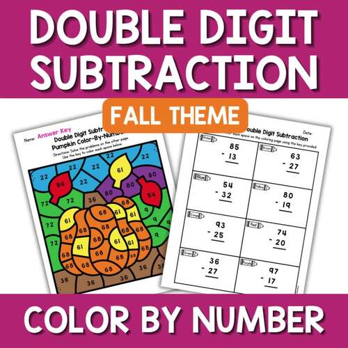 Fall Double Digit Subtraction Color by Number Worksheet Math Center 2nd ...