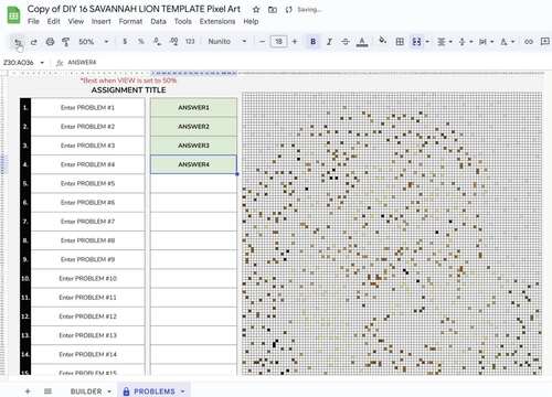 GOOGLE SHEETS DIY Digital Pixel Art Template EDITABLE | Savannah Lion