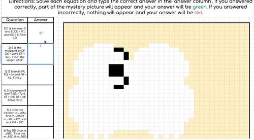 Segment & Angle Addition Geometry Pixel Art Test Prep for Google Sheets ...