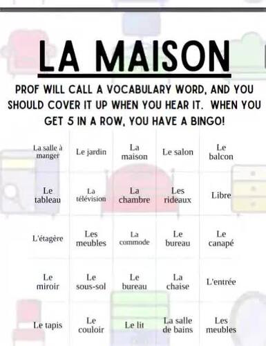 La Maison - French House & Furniture BINGO Board - printable, 10+ versions