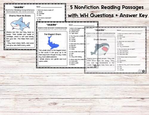 Shark Reading Comprehension Passages with WH Questions | Fiction ...