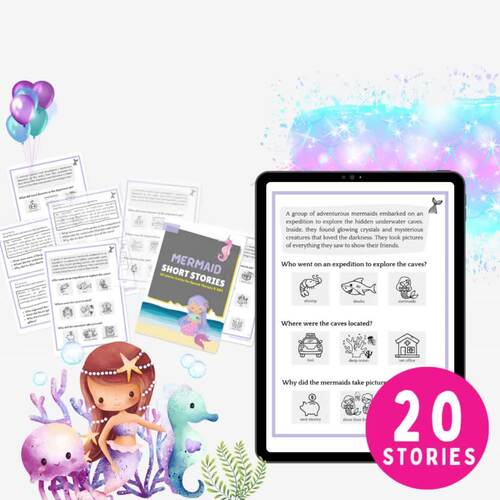 20 Mermaid Short Stories w/ WH Question Reading Comprehension Therapy ...