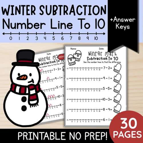 Winter Subtraction: Number Line To 10 | 1st & 2nd Grade | TPT