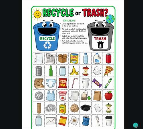 Earth Day Special Education Sorting Activity Chart Plastic Metal Glass ...