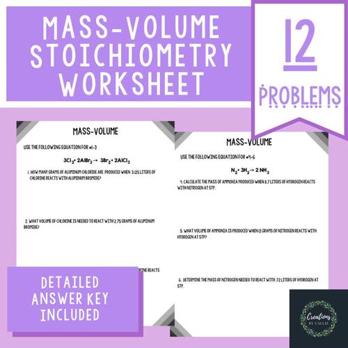 Mass-Volume Stoichiometry Worksheet - Detailed Answer Key - Distance ...
