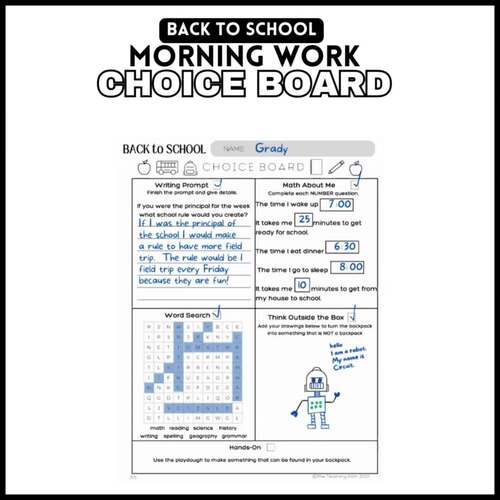 First Week of School Morning Work Choice Board! by The Teaching Path