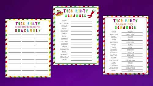 Taco Game Bundle Mexican Fiesta Activities for Kids & Adults Classroom ...