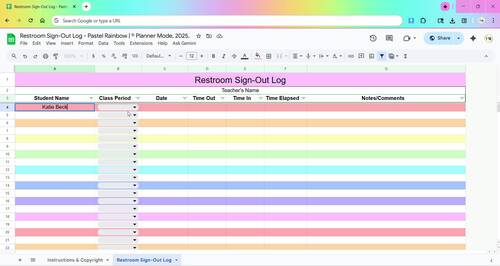 Restroom Sign Out Sheet, Bathroom Sign Out Log, Student Tracker (Google ...