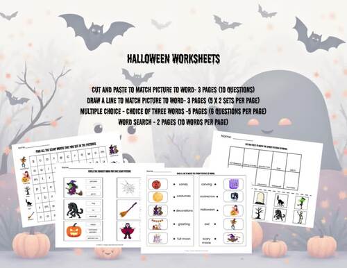 Halloween worksheets-cut and paste, draw a line to match, multiple choice