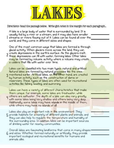 Landforms LAKES Geography Multi Level Close Reading Passage Short Response