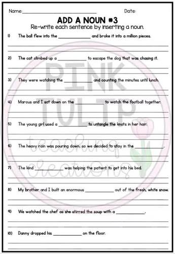 Add A Noun To The Sentences - Fill in the Blanks Worksheet Pack | TPT
