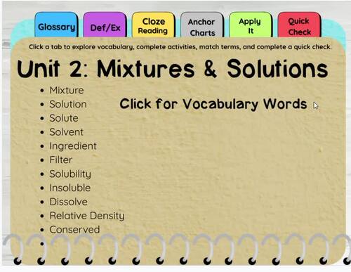 5th Grade Interactive Science Vocab Workbook| Mixtures & Solutions ...