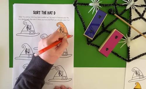 Halloween Witches' Hat Music Note Sort Coloring Worksheets|Treble Clef ...
