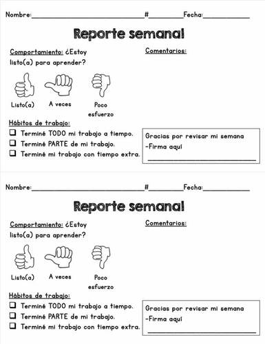 Behavior & Work Habits Reflection Sheet in English & Spanish, K-5