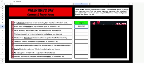 VALENTINE'S DAY COMMON & PROPER NOUNS Google Sheets Digital Mystery Picture