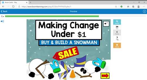 Making Change Under One Dollar $1 BOOM CARDS Winter Snowman Money Math